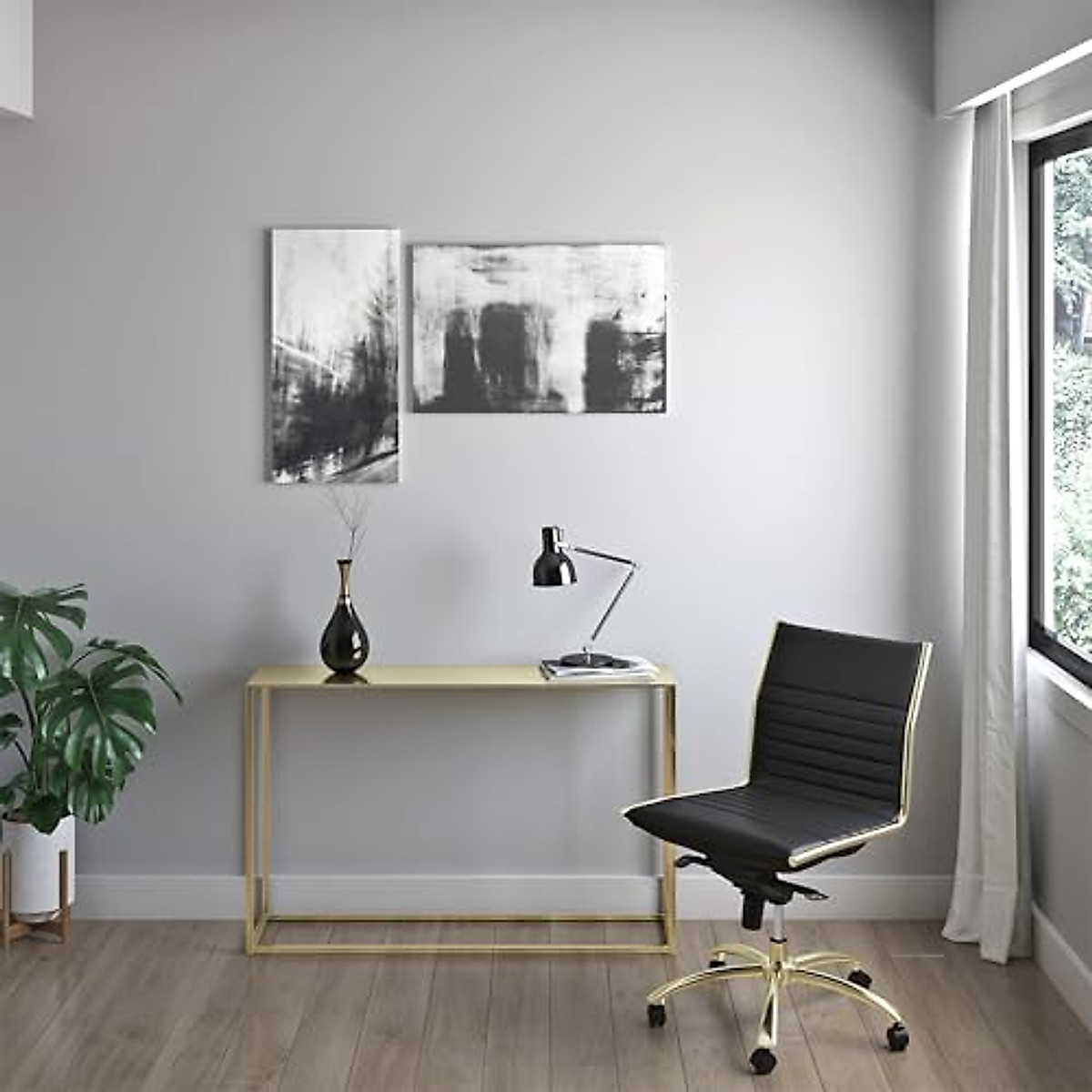 Euro Style Chair Black/Gold Faux Leather/Steel Dirk Rolling Office Chair - Adjustable Bungie Computer Desk Chair with Wheels for Work, Study, Gaming