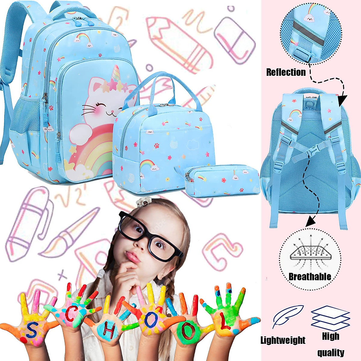 Jumpopack Unicorn Backpack for Girls School Backpacks for Elementary Girls Backpack with Lunch Box Lightweight Water Resistance School Bag Preschool Kids Bookbag,Unicorn Cat