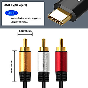 USB C to RCA Adapter 1080P, 6FT Active Type C to RCA Converter, Male USB C to 3-RCA Out Lead Video Adattatore Cord for Laptop, Computer,Projector
