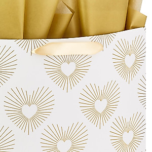 Hallmark 13" Large Heart Gift Bag with Wedding Card and Tissue Paper (Best Wishes Gold and White, Hearts) for Weddings, Bridal Showers, Engagements