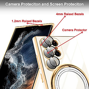 Dinick for Samsung Galaxy S22 Ultra Case with Magnetic Ring Holder [Compatible with Magsafe] [Built-in Camera Lens Protector] Glitter Electroplated Gold Sides Case for Galaxy S22 Ultra White