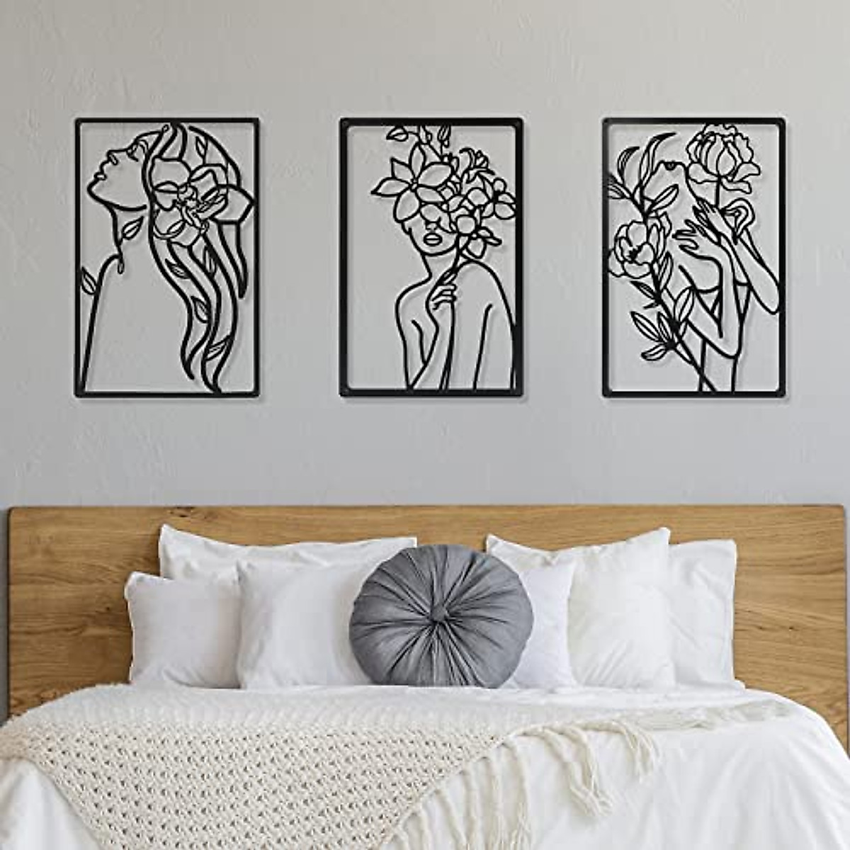 CHENGU 3 Pieces Metal Minimalist Abstract Woman Wall Art Drawing Single Line Female Home Hanging Wall Art Decor for Kitchen Bathroom Living Room (Black, Floral Style)