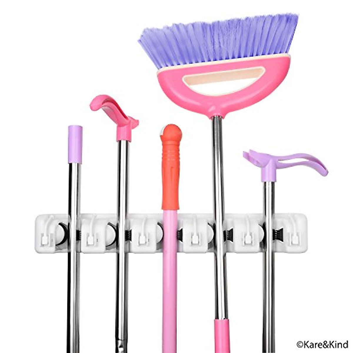 Broom Holder - Wall Mount Tool Organizer Rack - 5 Slots with Automatic Handle Grips - Perfect for Brooms, Mops, Dusters, Rakes, Shovels, etc. - 6 Foldable Hooks for Smaller Tools/Cloths