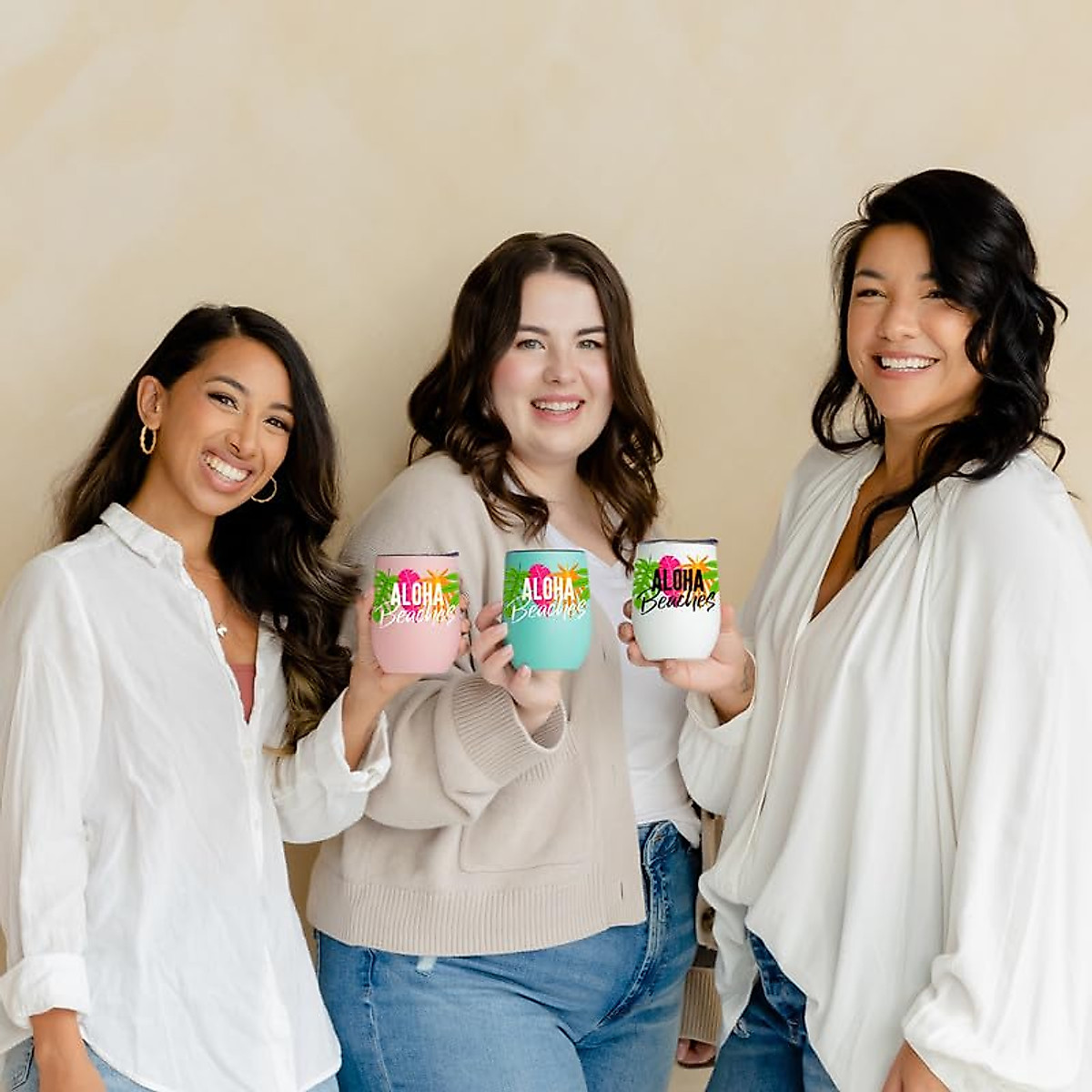 WEDDINGSTAR Personalized Stemless Travel Tumbler 12oz – Insulated Stainless Steel Wine Glass with Lid - Aloha Beaches - Pink