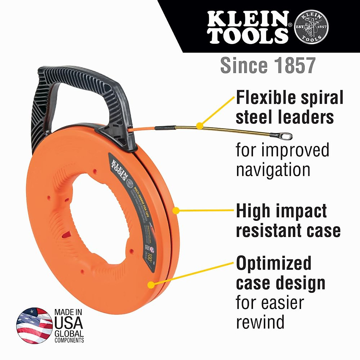 Klein Tools 56380 Non-Conductive Electrical Fish Tape, Multi-Groove Fiberglass Wire Puller with Steel Leader, 100-Foot x 3/16-Inch