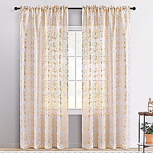 TERLYTEX Gold White Sheer Curtains 63 Inch Length, Metallic Gold Foil Cross Hatch Design Sparkle Sheer Curtains for Bedroom, Rod Pocket Privacy Glitter Sheer Curtains 2 Panels, 52 x 63 Inch, Gold