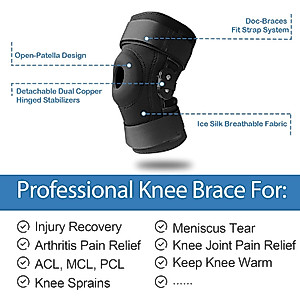 Docbraces Hinged Knee Brace for Knee Pain, Adjustable Compression Knee Support Brace for Men & Women, Open Patella Knee Wrap for Swollen,Meniscus Tear,ACL,PCL,Joint Pain Relief,Injury Recovery