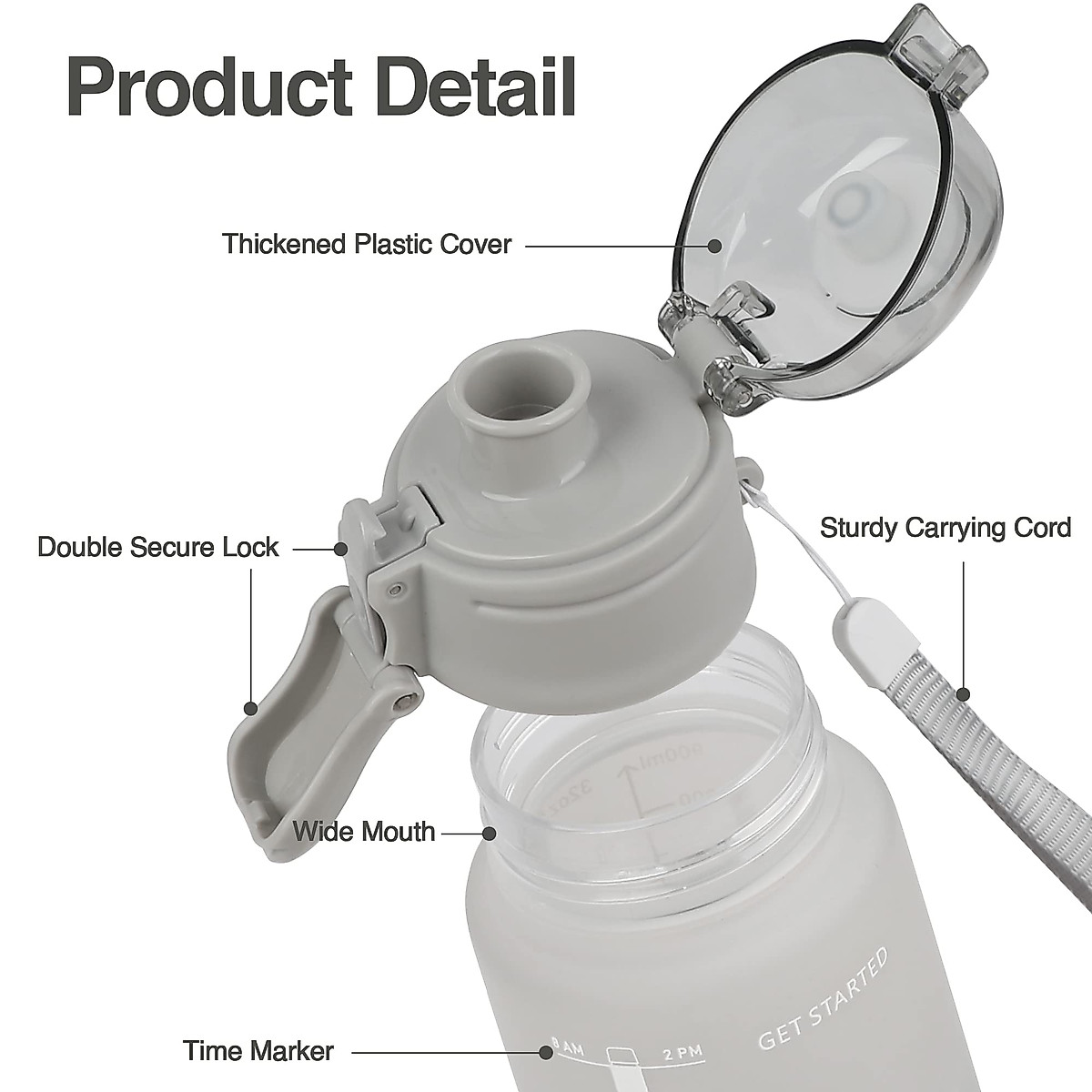 Qidordour Sports Water Bottle, 32oz Motivational Water Bottles with Time Marker & Carry Strap, Leakproof Flip Top Drinking Bottle, BPA-free, Reusable Plastic Jug For Fitness Gym, Gradient Grey