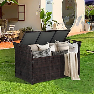 Patiomore 90 Gallon Outdoor Wicker Storage Bench with Cushion, Patio PE Rattan Deck Box with Handles (Brown)