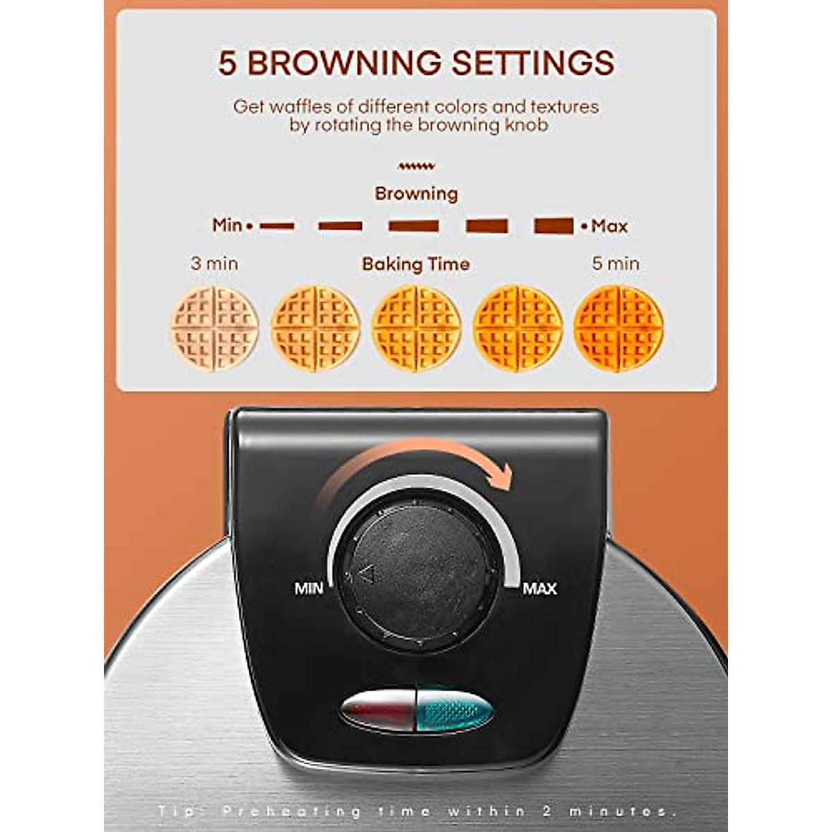 Waffle Maker 1100W, 180° Flip Belgian Waffle Iron with Nonstick Plates, Classic 1" Deep Waffles, Included Recipe, Removable Drip Tray, Browning Control, Stainless Steel