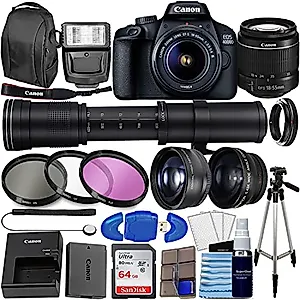 Camera EOS 4000D DSLR (Rebel T100) w/ 18-55mm Lens Kit + 64GB Memory, 420-800mm Super Zoom Lens, Wide Angle Lens, Telephoto Lens, 3PC Filter Kit, Photo Backpack, Tripod + More (34PC Bundle)
