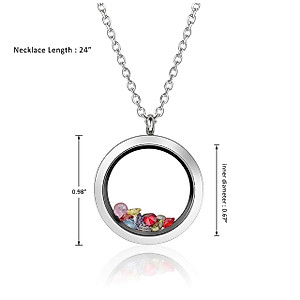 PiercingJ Living Memory Floating Locket Pendant Necklace Polished Round Stainless Steel Memorial Keepsake Glass Locket Necklace for Women, Free 12pcs Cubic Zirconia Birthstone