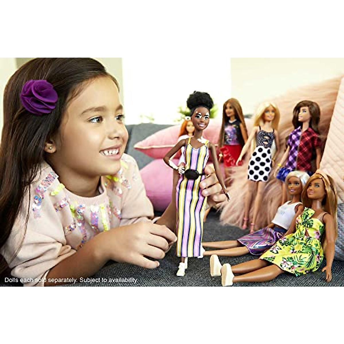 Barbie Fashionistas Doll #135 with Natural Curly Hair and Vitiligo Wearing Striped Dress and Accessories