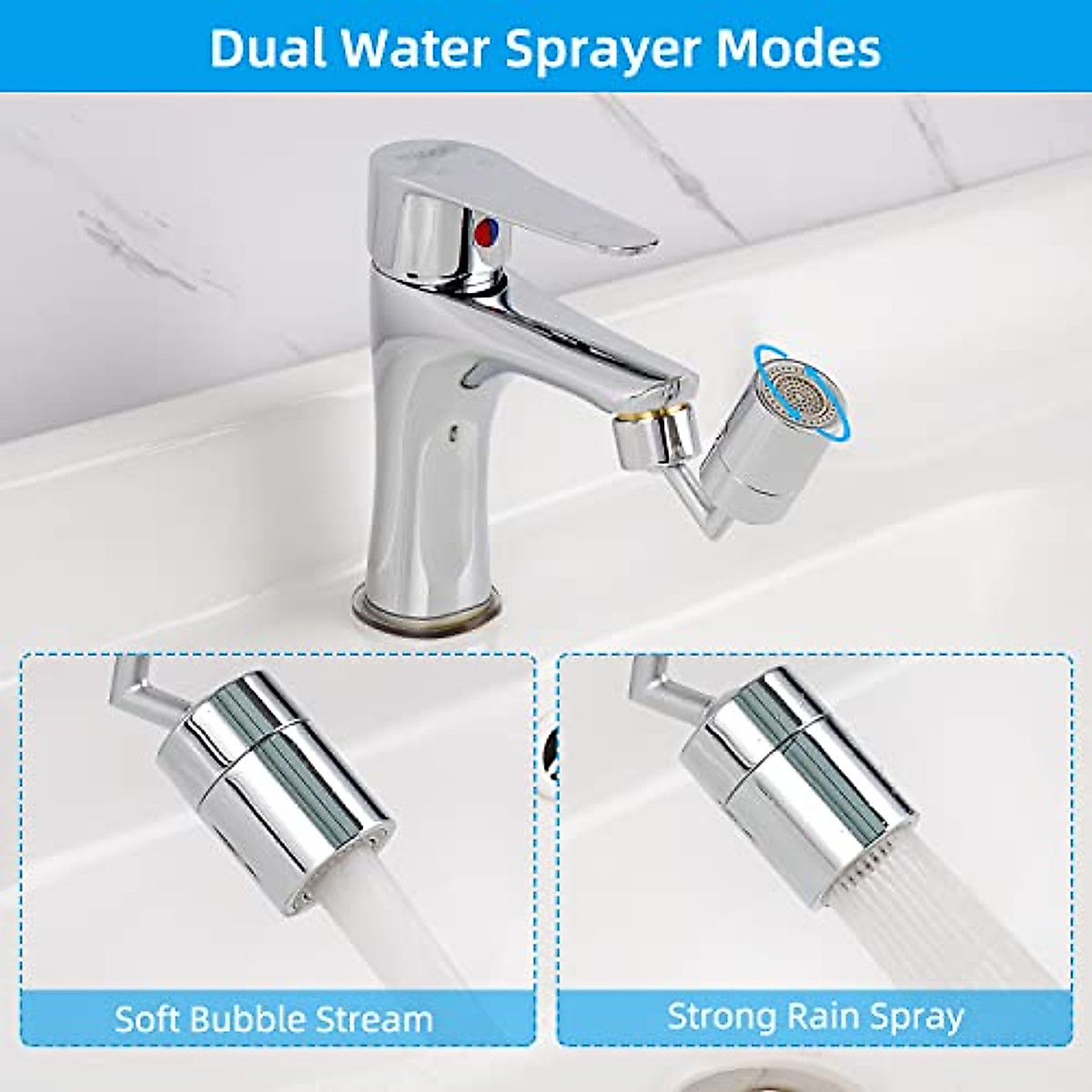 720 Degree Faucet Extender 720° Swivel Sink Female Faucet Aerator with Male Adapter, Faucet Sprayer Attachment Can be Used as Eyewash Station, 55/64”-27UNS Female Swivel Faucet Aerator