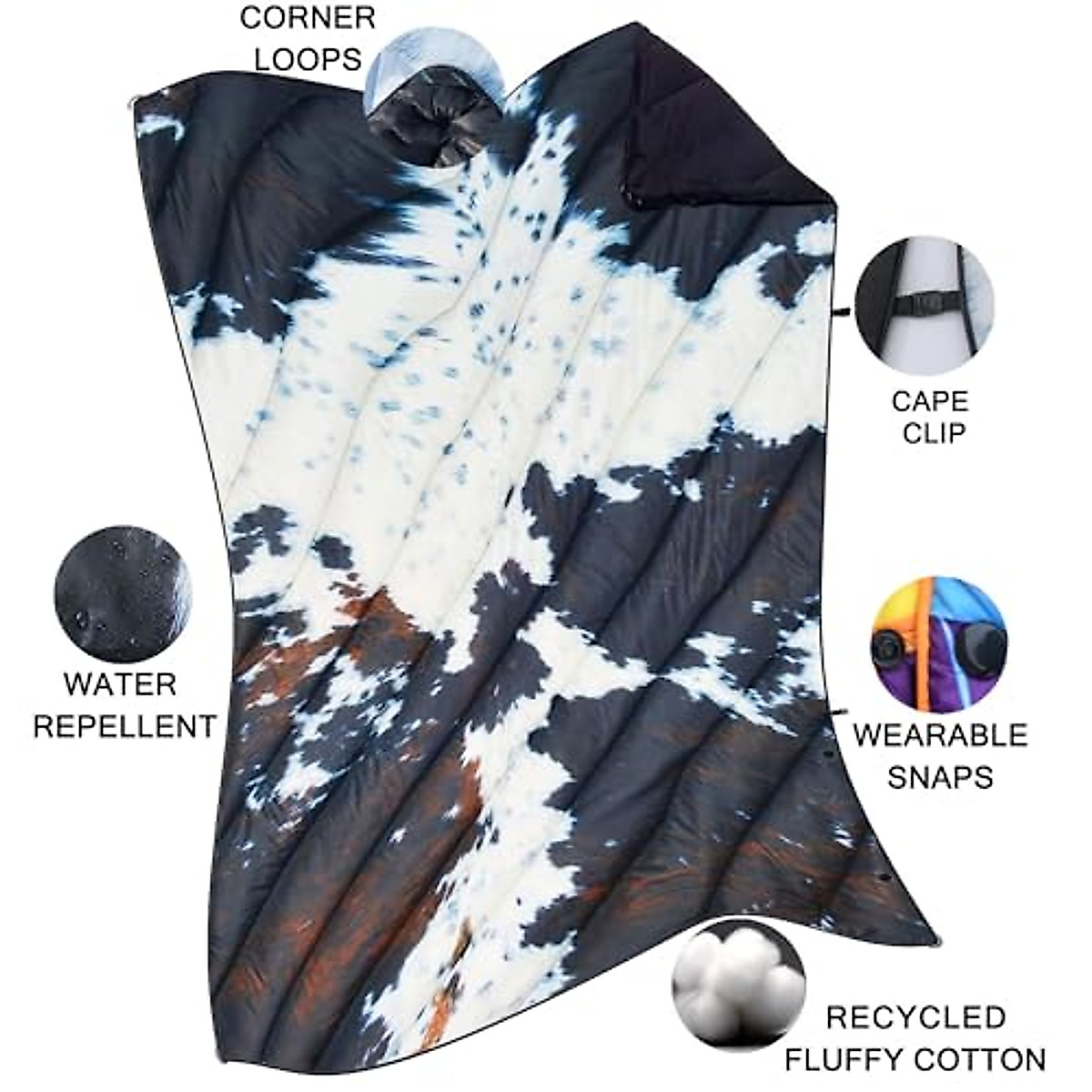 Bedvcaty Camping Blanket, Puffy Waterproof Travel Blanket, Warm Cozy Picnic Blanket, for Outdoors, Travel, and Mountain.(Cow, 78" x 56")