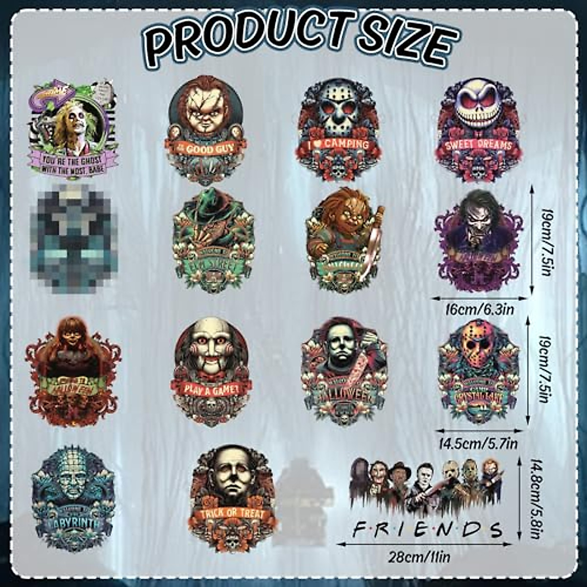 AnyDesign 15 Sheet Halloween Heat Transfer Vinyl Stickers Horror Movie Characters Iron on Vinyl HTV Patches Halloween Friends Iron on Transfer Stickers for Scary Movie Lovers Fabric T-Shirts DIY Craft