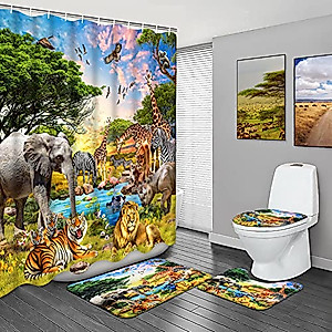 Funny Wild Animal Shower Curtain Sets with Memory Foam Bath Mat, Non-Slip Bath Rugs and Toilet Lid Cover, Kids Jungle Nature Shower Curtains for Bathroom with Hooks, Lion Tiger Elephant Bathroom Set