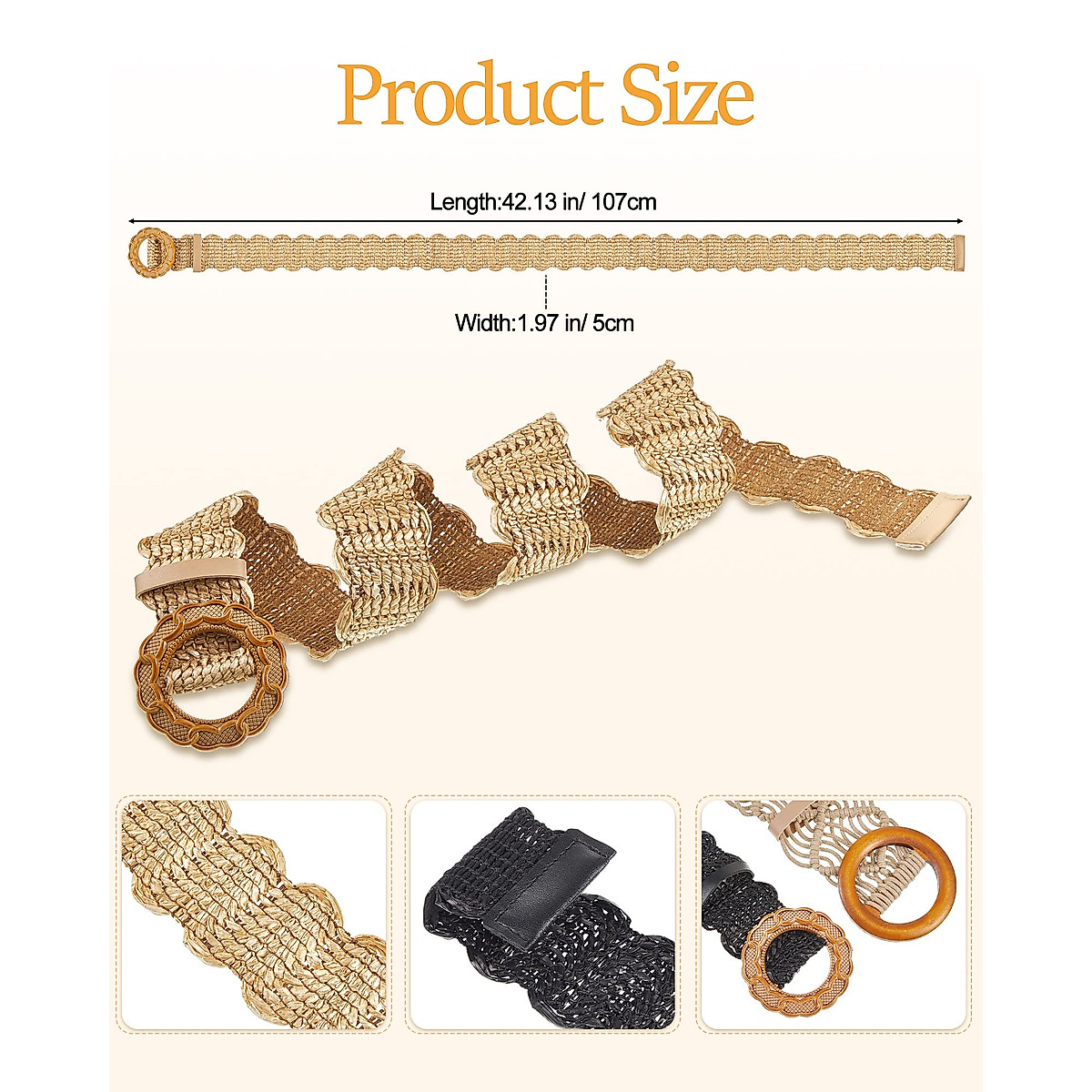 Hercicy 3 Pcs Rattan Straw Woven Belt Bohemian Waist Rope Braid Belts for Women, Trendy Boho Ladies Skinny Dress Belt Multicolor