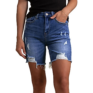 HUUSA Washed Short Jean Pants for Women Casual Spring High Waist Frayed Raw Denim Bermuda Shorts Mid Thigh Destroyed Ripped Jean Shorts with Pockets Dark Blue M
