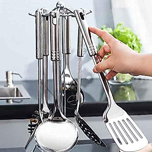 7Pcs Kitchen Utensils Set Stainless Steel Cookware Cooking Tool Soup Spoon Spatula Fork Shovel with Frame Kitchenware Kit