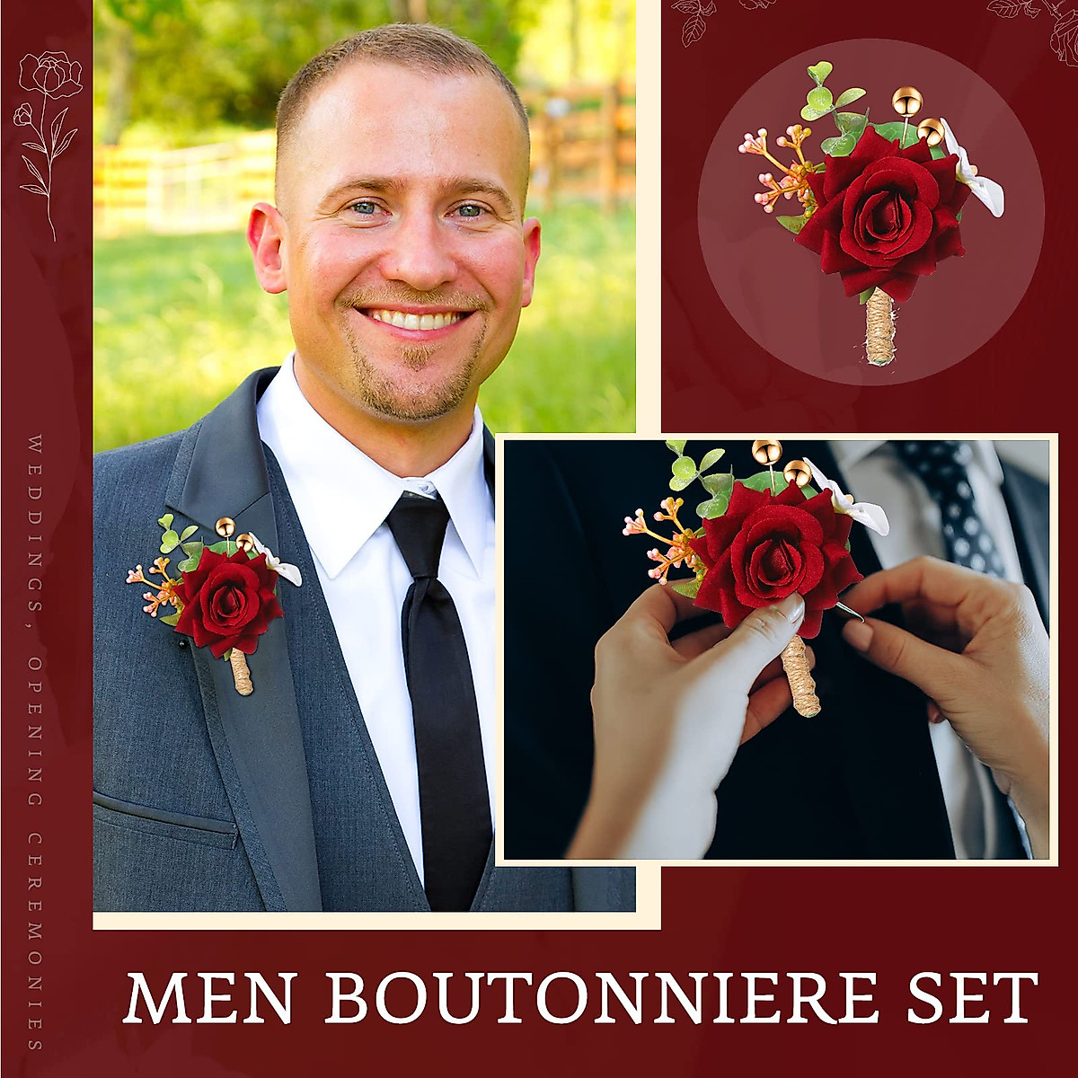 Sherr 40 Pcs Rose Wrist Corsage and Boutonniere Set Wedding Corsage Wristlet Bride Bridesmaids Groom Groomsmen Flowers Accessories Prom Party Suit Decorations for Ceremony Wedding Decor Dinner, Red