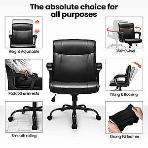 neo chair Ergonomic Office Chair Desk Chair Mid Back Executive PU Leather Adjustable Computer Desk Gaming Chair Comfortable Padded Arm Lumbar Support Rolling Swivel with Wheels (Jet Black)