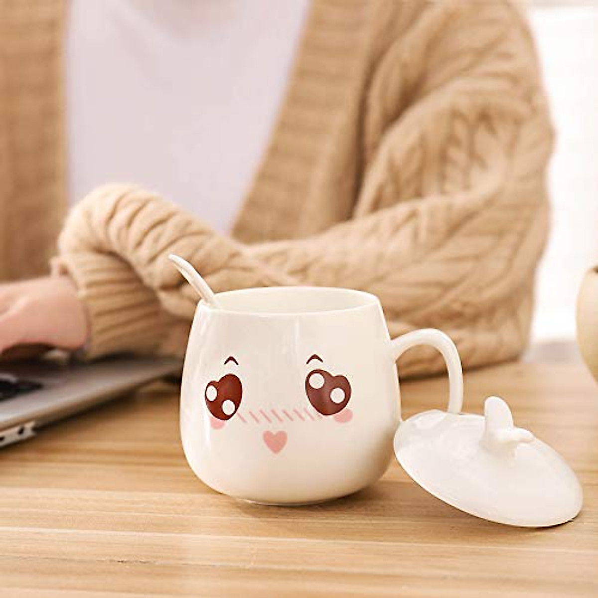 RYUHYF Ceramic cup, coffee cup, mug, ceramic cup with lid, tea cup with lid, coffee cup with lid and spoon，set of 1 (Cute cup(White+ lid + spoon))