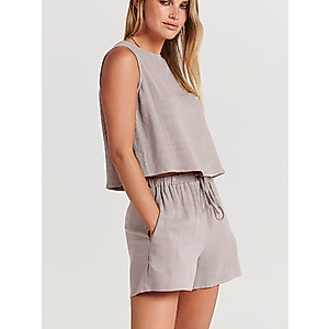 ANRABESS Women 2 Two Piece Outfits Lounge Matching Sets Linen Shorts Boho Aesthetic Clothes Sleeveless Tops 2023 Summer Outfits Vacation Beach 806yinhui-M, Light Grey