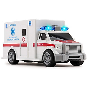 Vokodo Rescue Ambulance Friction Powered 1:20 Scale Toy Car with Lights and Sounds Durable Kids Medical Transport Emergency Vehicle Push and Go Pretend Play Van Great Gift for Children Boys Girls