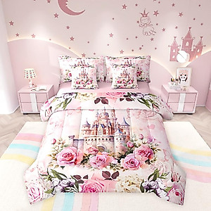 Manfei Girls Princess Full Bedding Set 7 Pieces,Cartoon Castle Pink Comforter Sets,Blooming Flowers Bedding Comforter Sets with 1 Comforter,2 Pillowcases,2 Pillow Covers,1 Flat Sheet,1 Fitted Sheet