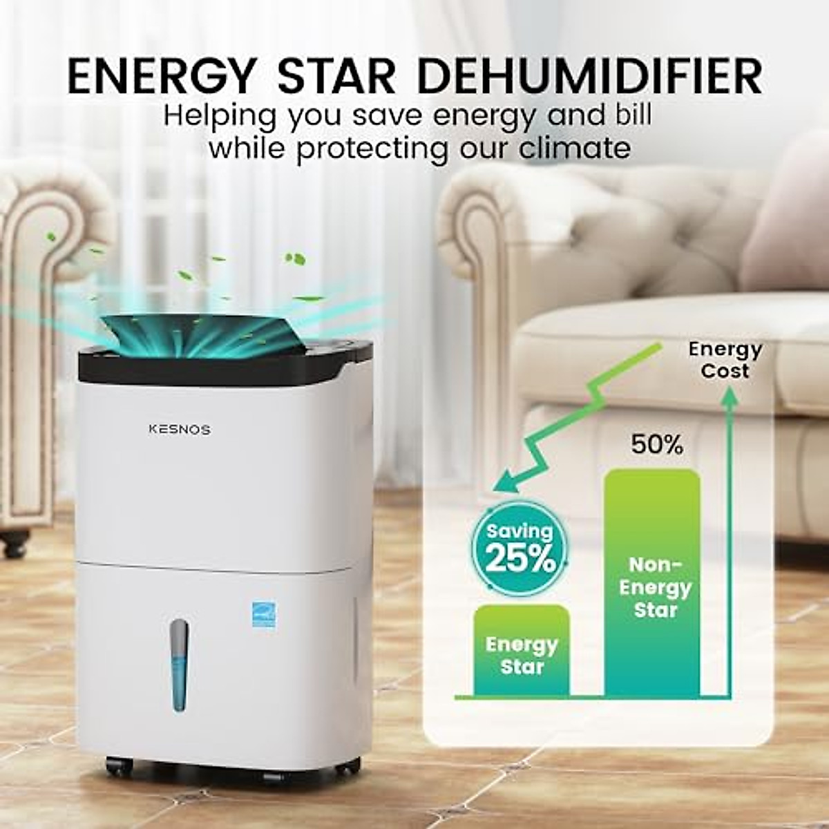 Kesnos 80 Pints Energy Star Dehumidifier for Home & Basement with Drain Hose, Ideal for Large Spaces up to 5,000 Sq. Ft., Featuring Auto Defrost & Self-Drying Function