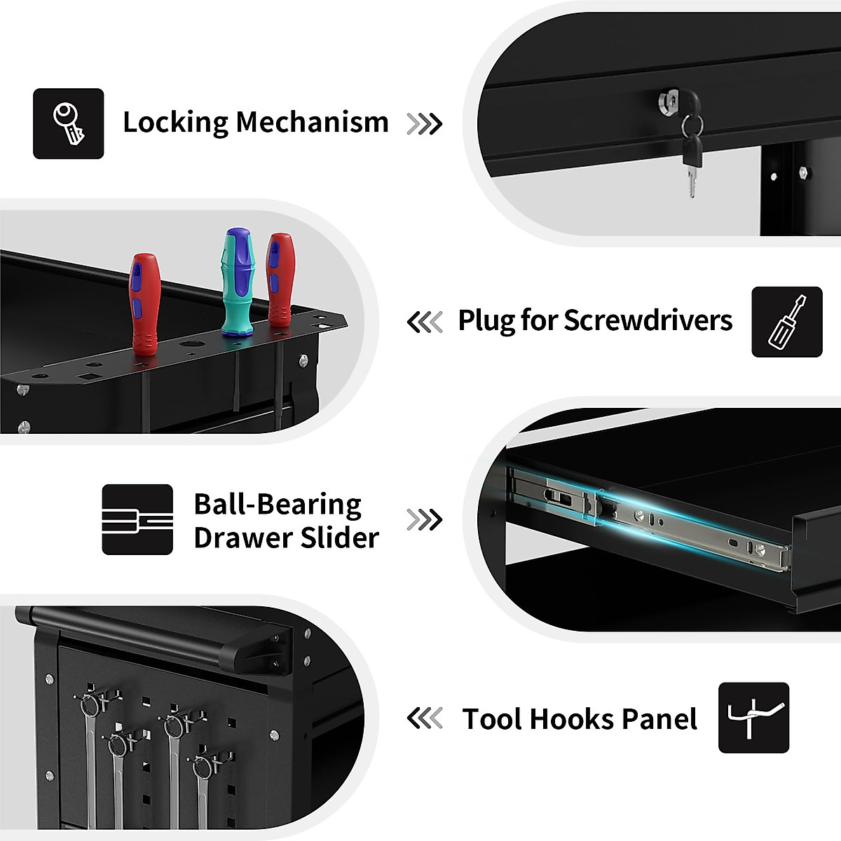 3 Tier Rolling Tool Cart, Tool Cart with Lockable Drawers and Universal Wheels, 500 LBS Capacity Service Utility Cart, Mechanic Tool Cart on Wheels for Garage, Warehouse, Repair Shop, Black
