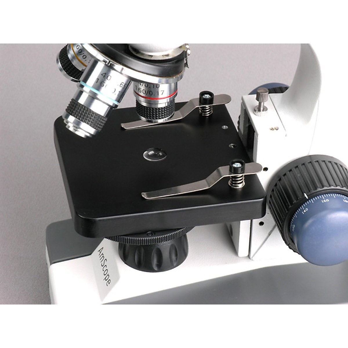 AmScope M150C-50WM-50P100S Compound Monocular Microscope, WF10x and WF25x Eyepieces, 40x-1000x Magnification, LED Illumination, Brightfield, Single-Lens Condenser, Coaxial Coarse and Fine Focus, Plain Stage, 110V, Includes Set of 50 Prepared Slides, 50 Bl
