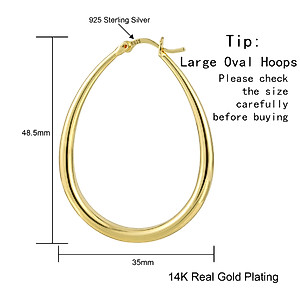 KISSPAT 14K Gold Oval Hoop Earrings for Women Hypoallergenic Sterling Silver Post Drop Dangle Oval Hoop Earrings