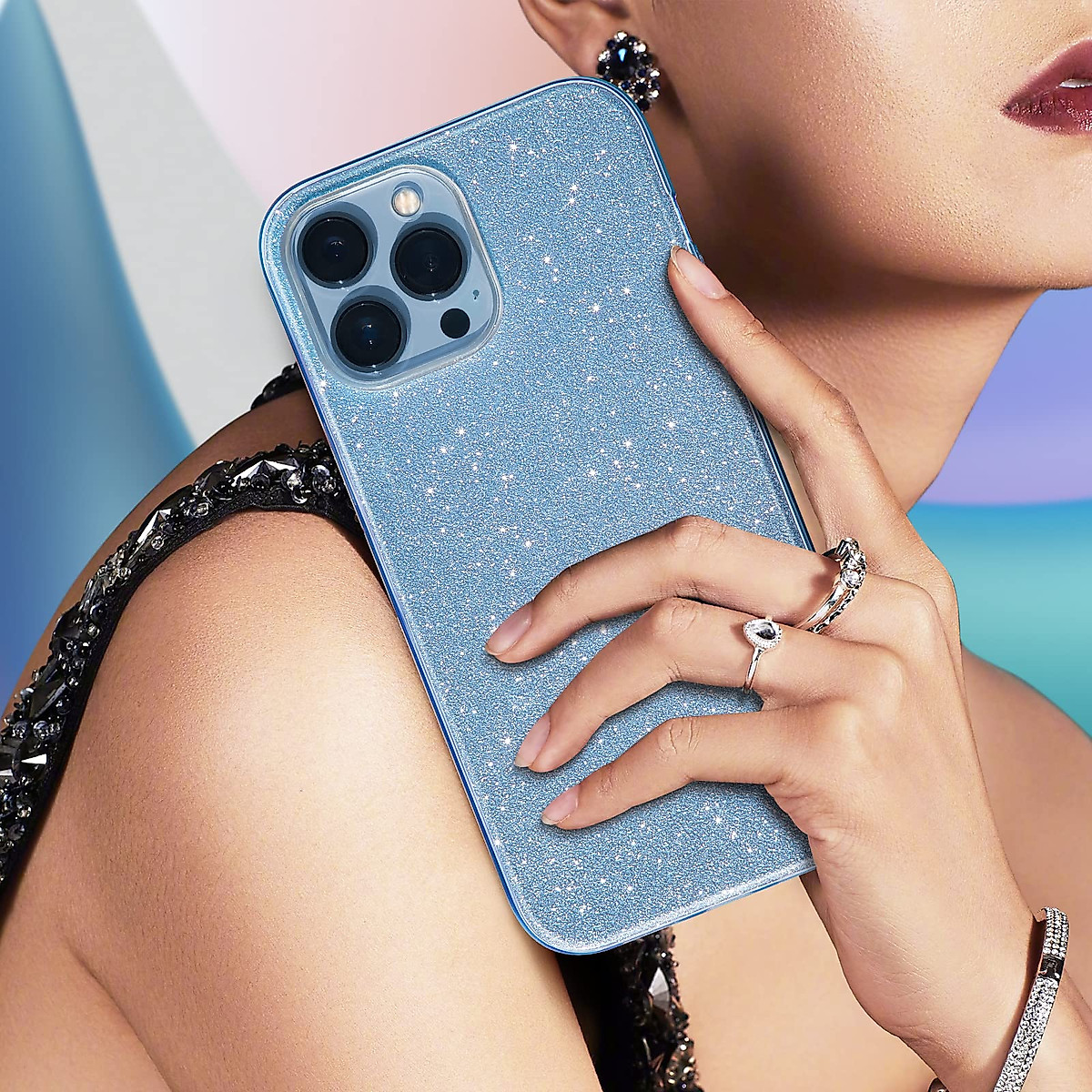 MILPROX Compatible with iPhone 13 Pro Max Case (2021), Glitter Sparkly Shiny Bling Rubber Gel Shell Cases 3 Layers Shockproof Protective Bumper Cover for iPhone 13 Pro Max 6.7" 2021-Blue