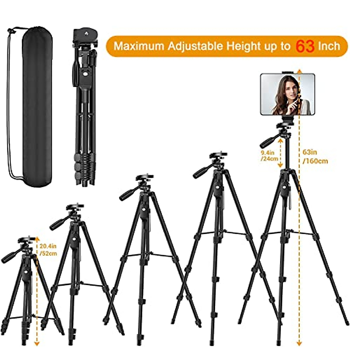 63" Tripod Stand for 4"-13" Phone & Tablet, Camera Tripod Stand with Rechargeable Remote & Bag, Aluminum Professional Tripod 2 in 1 Mount & 1/4" Screw Tripods for iPhone, iPad, Camera, Projector