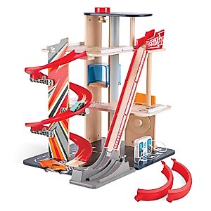 Hape Gearhead Stunt Garage Kids Wooden Toy Car Parking Garage Playset w/Elevator and 2 Exit Tracks, Detachable Loop, Includes 2 Wooden Toy Racecars