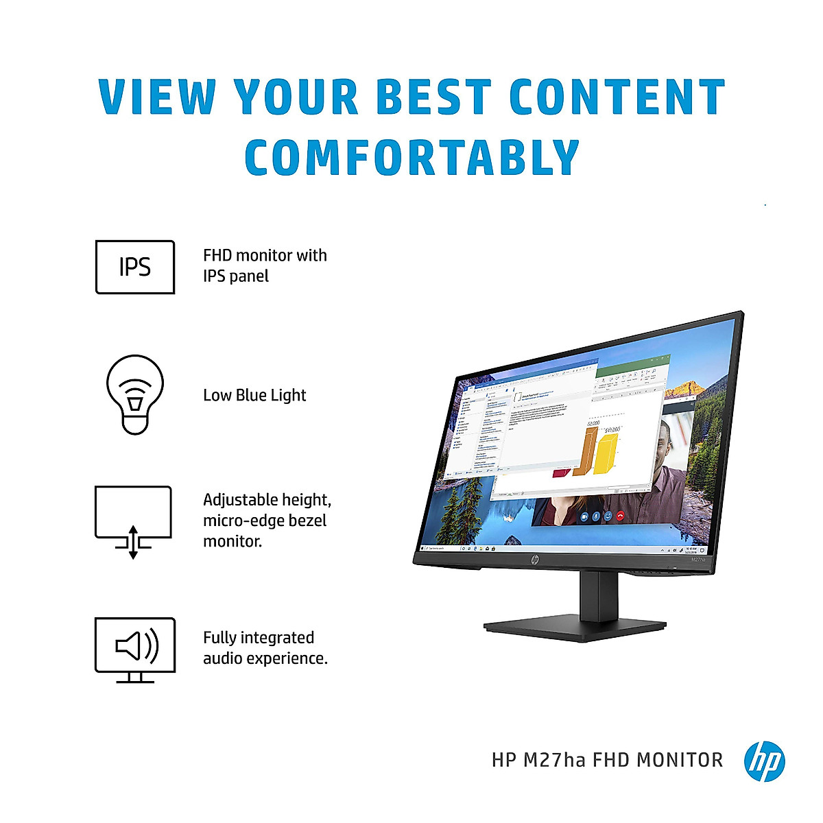 HP M27ha Full HD Monitor (1920 x 1080p) IPS Panel Built-in Audio VESA Compatible 27-inch Monitor Designed for Comfortable Viewing with Height and Pivot Adjustment - (22H94AA#ABA) (Renewed)