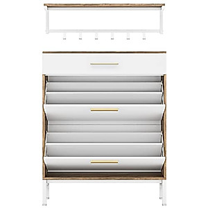 Tribesigns Shoe Cabinet 16 Pairs, Modern Slim 3 Flip Drawers Shoes Rack Storage Organizer with Coat Shelf, White Sneaker Holder Stand with Doors Thin Tipping Shoe Storage Cabinet for Entryway, Hallway