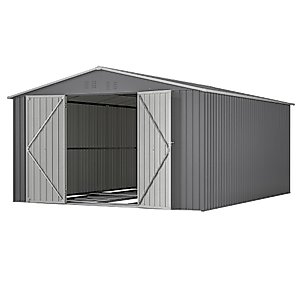 11' x 13' Outdoor Metal Storage Shed with Floor Frame Base, Galvanized Steel Garden Shed with 4 Vents, Tool Storage Shed for Backyard, Patio, Lawn