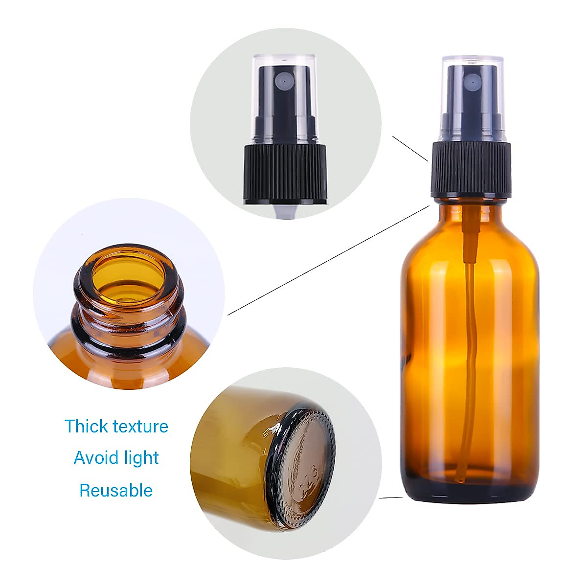 LUFEVRM 2oz Amber Glass Spray Bottles,Empty Small Perfume Travel Refillable Reusable Fine Mister Spray Bottle for Hair,Cleaning Solutions,Aromatherapy and Essential Oil with Extra Nozzle(2 Pack)