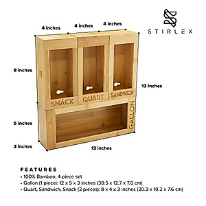 STIRLEX Bamboo Food Storage Bag Organizer, 4-piece set, Food Bag Dispenser Drawer Organization Gallon Quart Sandwich Snack