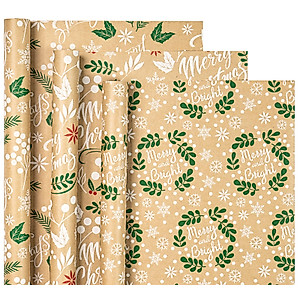 WRAPAHOLIC Kraft Christmas Wrapping Paper Roll - Mini Roll - 3 Rolls - 17 Inch X 120 Inch Per Roll - Christmas Wreath Leaves and Merry Christmas Lettering Holiday Collection