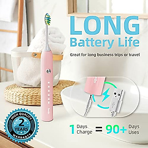 7AM2M Sonic Electric Toothbrush for Adults and Kids, Stocking Stuffers for Adults, with 6 Brush Heads, 5 Modes with 2 Minutes Build in Smart Timer, Roman Column Handle Design (Pink)