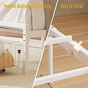 LIKIMIO Twin Bed Frame with Guardrail & Bedside Caddy, Multifunctional Headboard with Charging Station, Durable Metal Platform Bed, Noise-Free, No Box Spring Needed, White