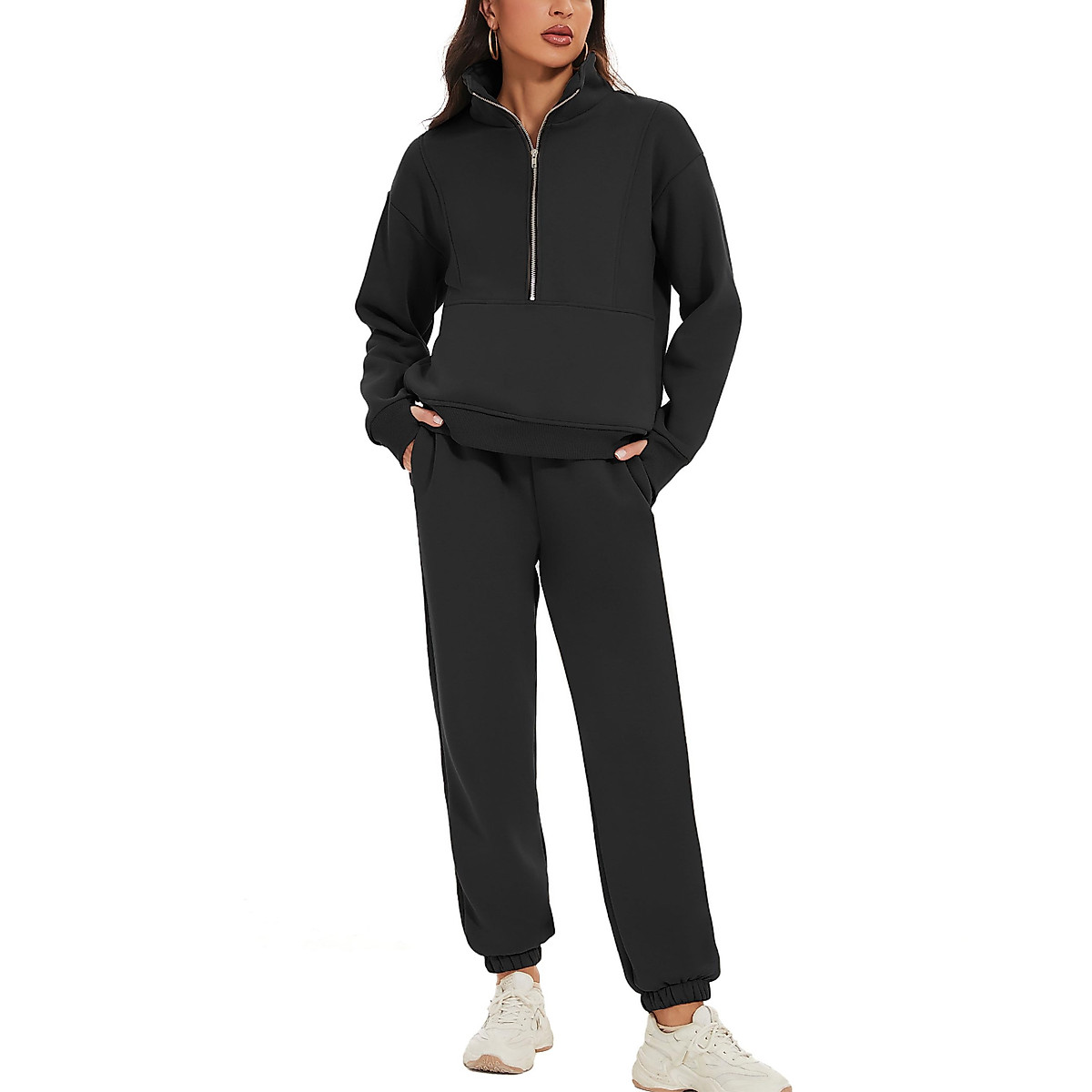 Flygo Womens Fleece 2 Piece Outfits Sweatsuit Half Zip Pullover Sweatshirt Joggers Pants Tracksuit Set (Black-M)