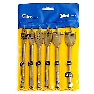 CUTTEX TOOLS Spade Drill Bit Set in Titanium Coating, 6 Pcs Titanium Drill Bit for Woodworking, 3/8" to 1", Full Set, Paddle Flat Bits (Titanium Coating), Nylon Storage Pouch Included