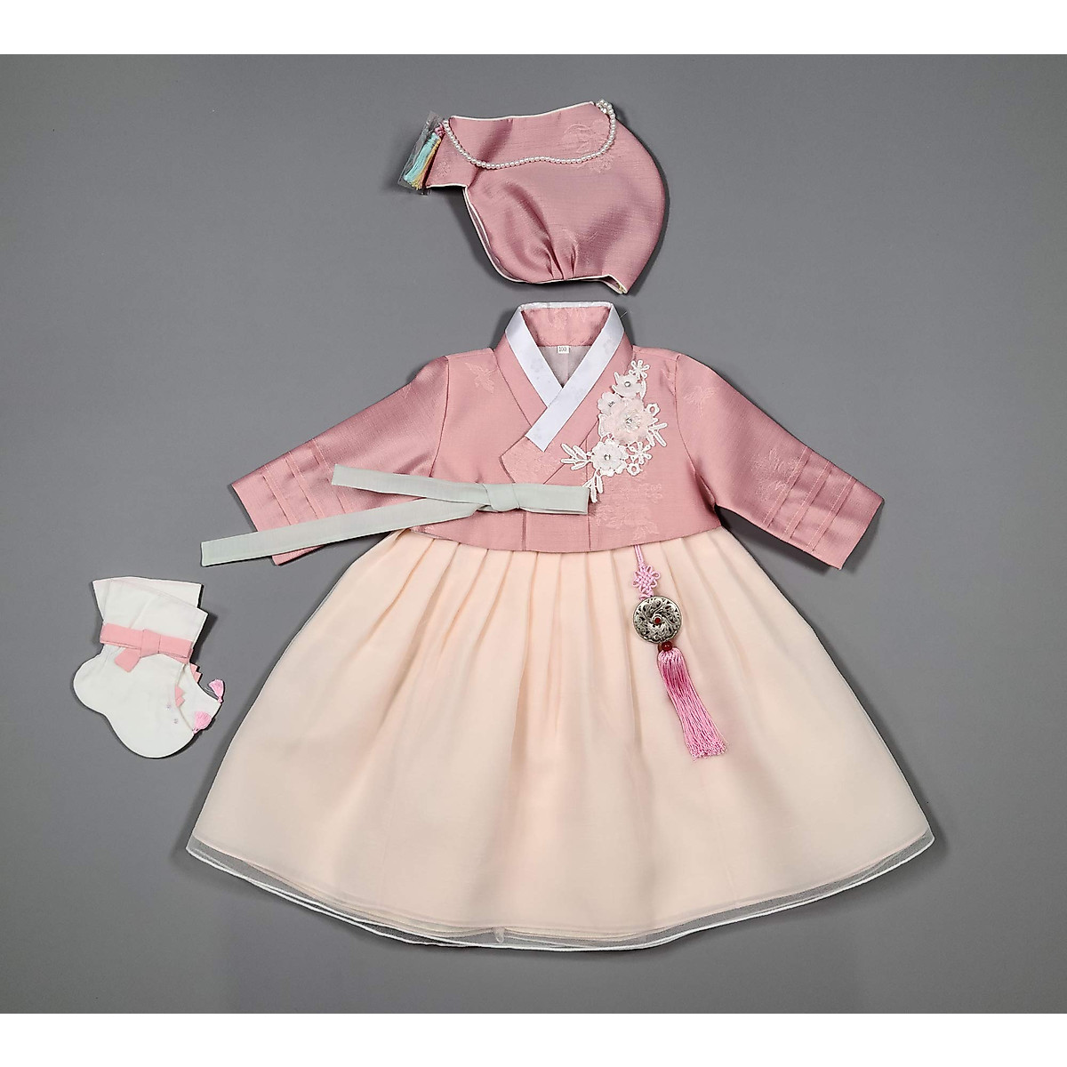 100 Day Birth Hanbok Korea Traditional Dress Lovely Dusty Pink Top Chiffon Layers Skirt