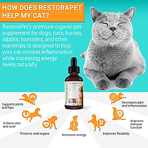 RestoraPet Organic Cat Supplement | Healthy & Safe Antioxidant Liquid Drops | Anti-Inflammatory Multi-Vitamin | Increases Mobility & Energy | Cat Joint Supplement | Tuna Flavored