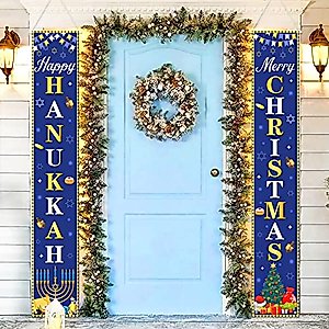 Hanukkah Christmas Porch Door Banner Sign Decorations, 2PCS Blue Happy Hanukkah Merry Christmas Chanukah Banners Hanging Door Sign Hanukkah Party Porch for Home Outdoor Indoor Wall Front Door Decor